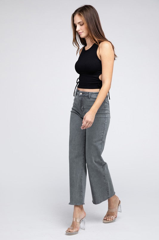 Acid Wash Frayed Cutoff Hem Straight Wide Pants– StyleFloss