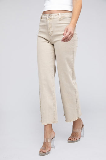 Acid Wash Frayed Cutoff Hem Straight Wide Pants– StyleFloss