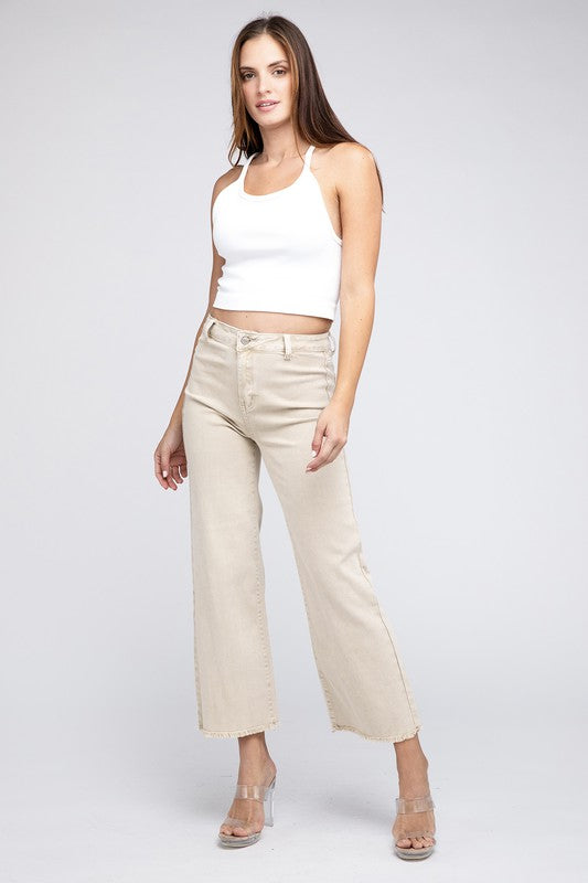 Acid Wash Frayed Cutoff Hem Straight Wide Pants– StyleFloss